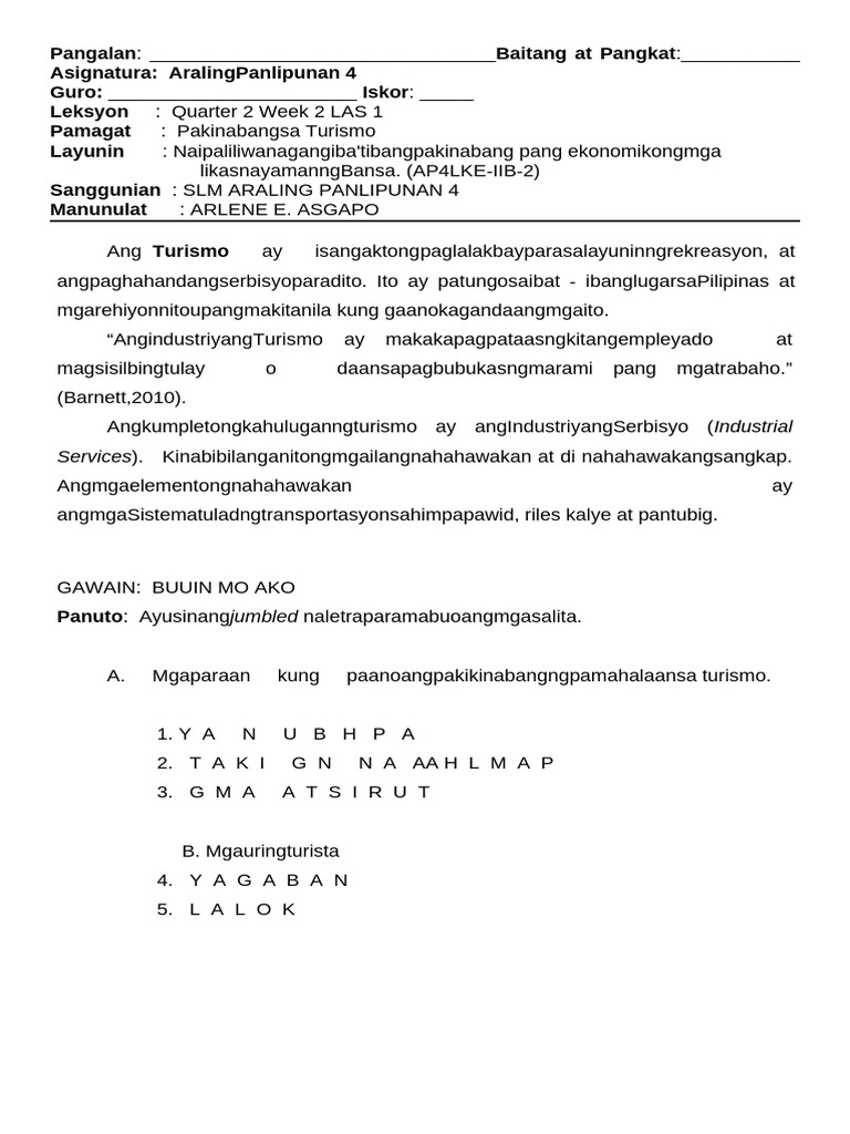 Las Ap4 Q2 Week 2 Las 1 Arlene Asgapo1 | PDF | Learning | Reading Comprehension