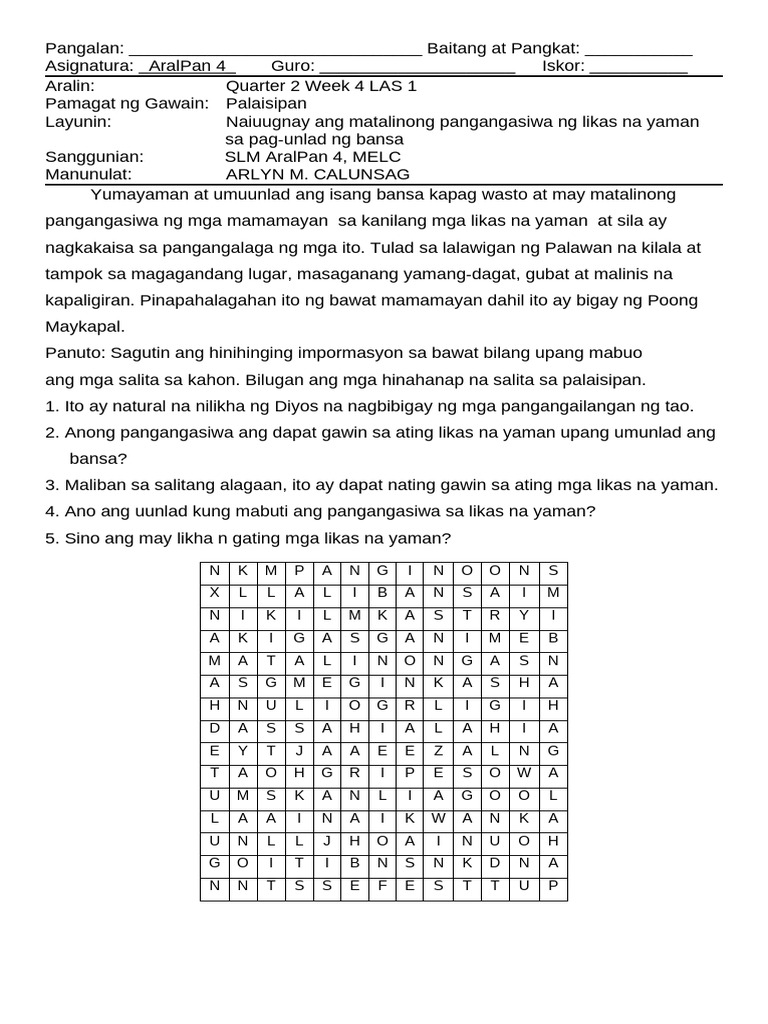 Las Ap4 Q2 Week 4 Las 1 Arlyn M. Calunsag 1 | PDF