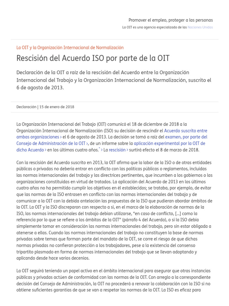 La OIT y La Organización Internacional de Normalización - Rescisión Del Acuerdo ISO Por Parte de ...