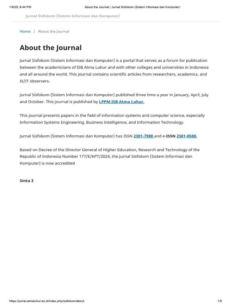 About the Journal _ Jurnal Sisfokom (Sistem Informasi dan Komputer) | PDF | Academic Journal ...