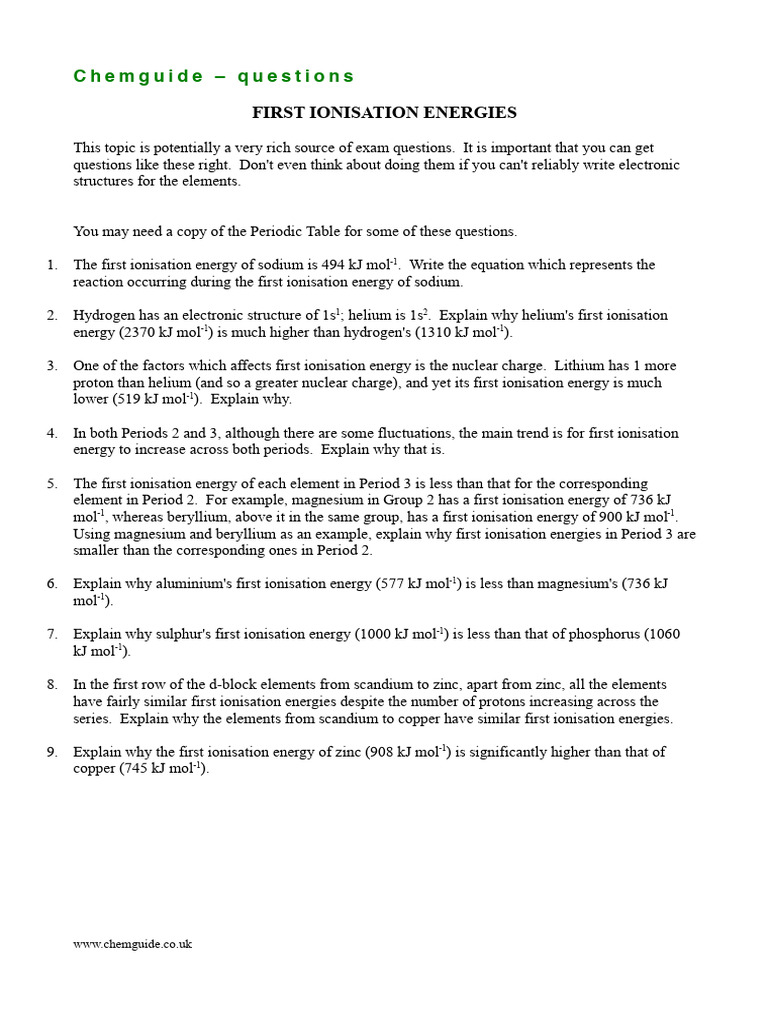 Ionization Energies HW | PDF