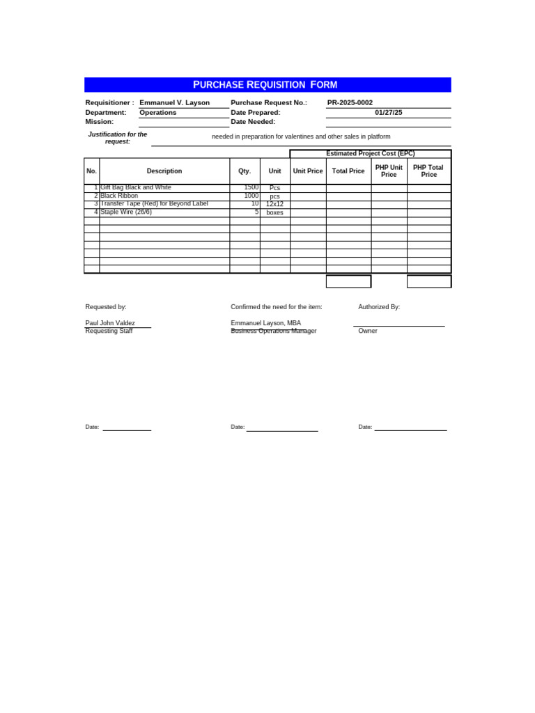 Purchase Requisition Form | PDF