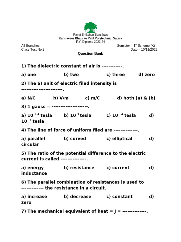 Basic Physics Question Bank For Unit-2 | PDF | Series And Parallel Circuits | Electrical Engineering