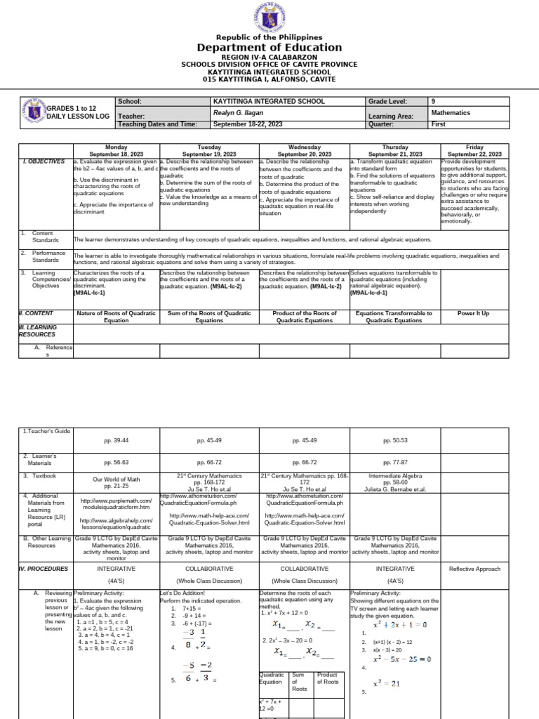 DLL-WK 3-LC 3,4,5 | PDF | Quadratic Equation | Equations