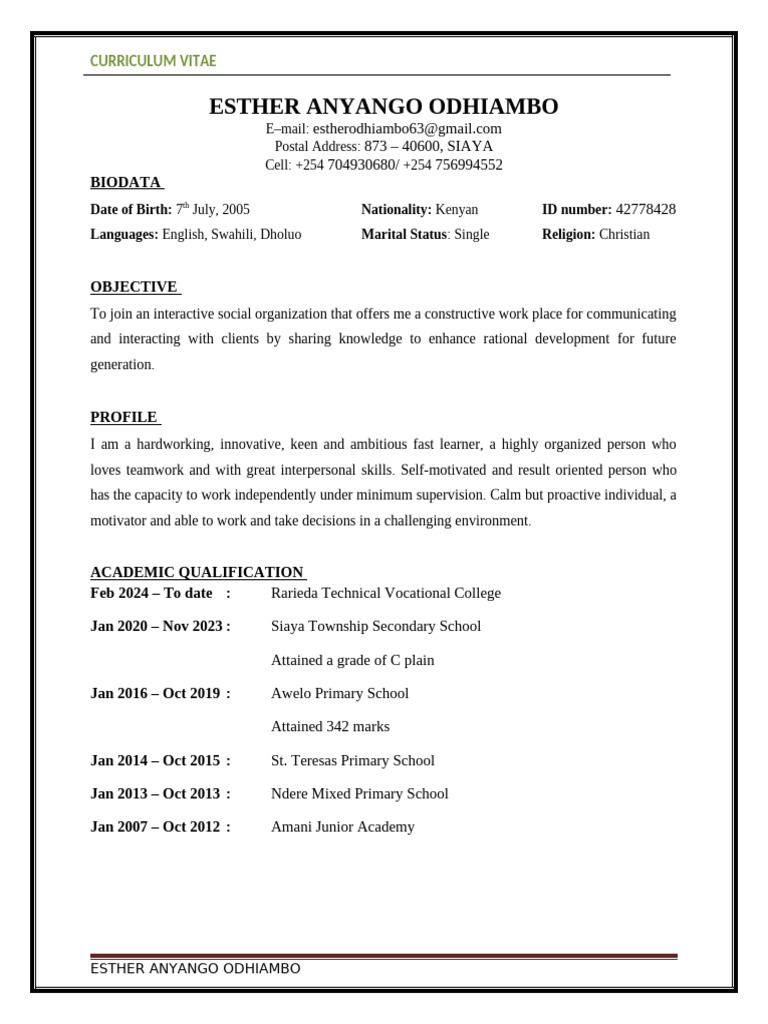 Esther Odhiambo's CV: Education Overview | PDF