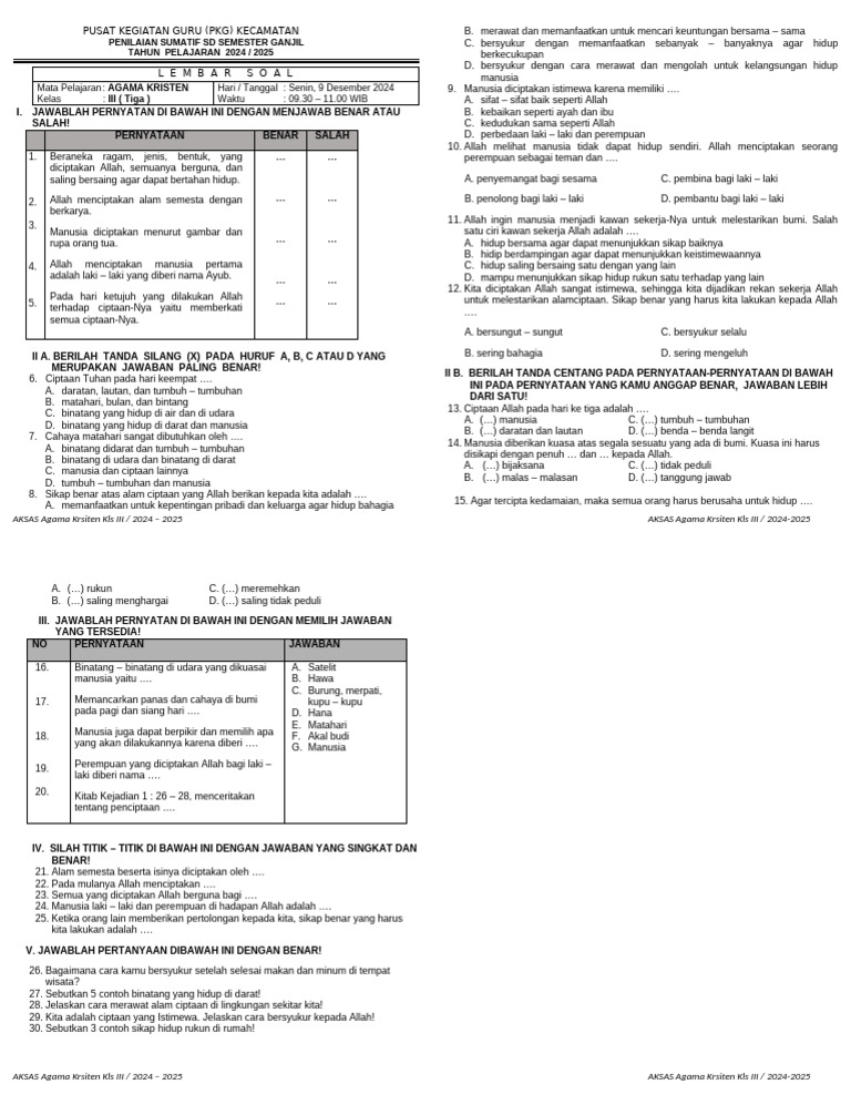 Soal Sas KLS Iii Agama Kristen | PDF