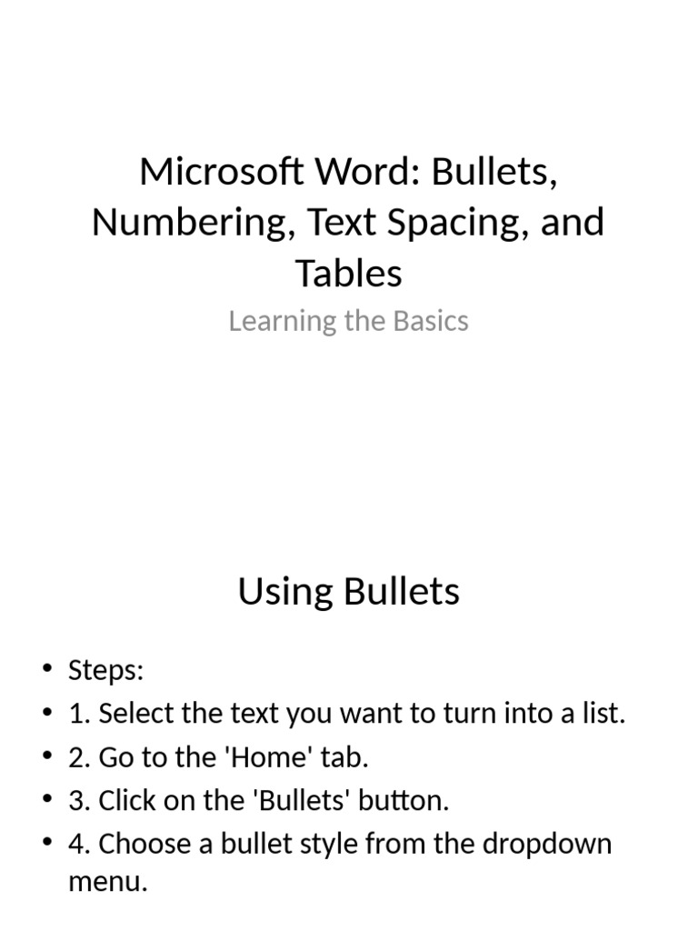 Microsoft Word Bullets Numbering Text Spacing Tables | PDF