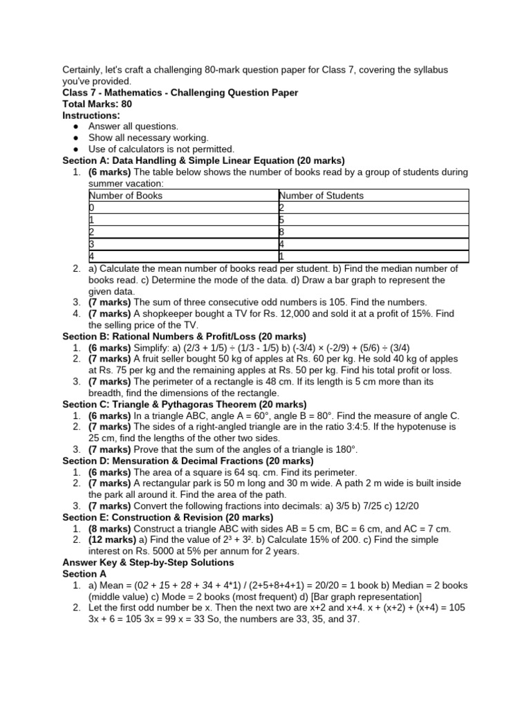 Class 7 Challenging Math Question Paper | PDF | Length | Mathematics