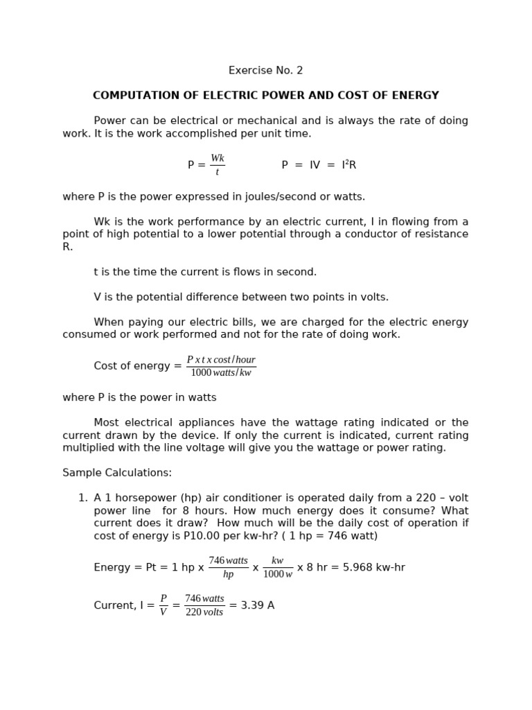 Exercise-2-Computation-of-Electric-Power-and-Cost-of-Energy-1 | PDF | Electric Power | Watt