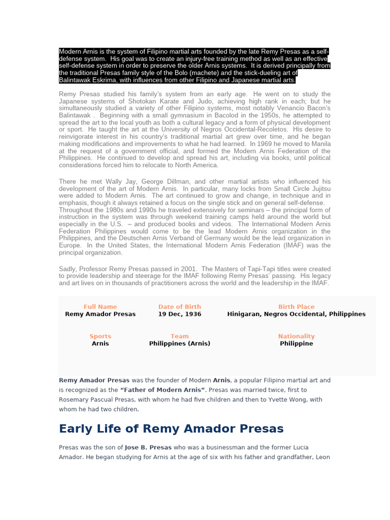 Modern Arnis: Legacy of Remy Presas | PDF