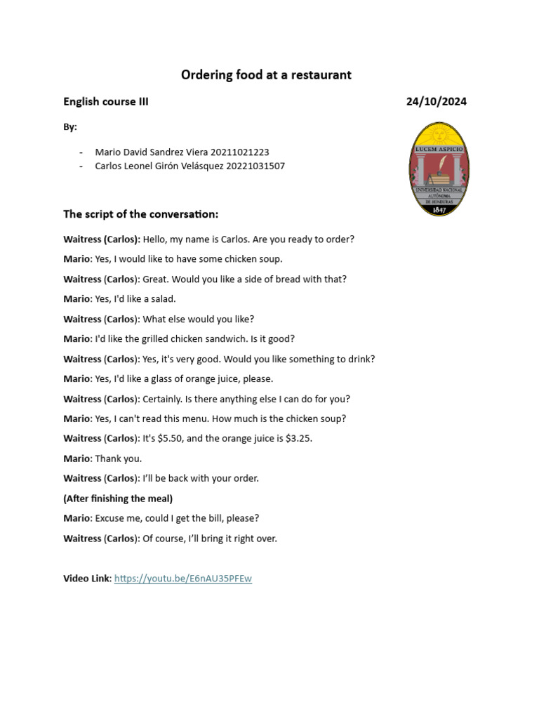 Restaurant Food Ordering Script | PDF