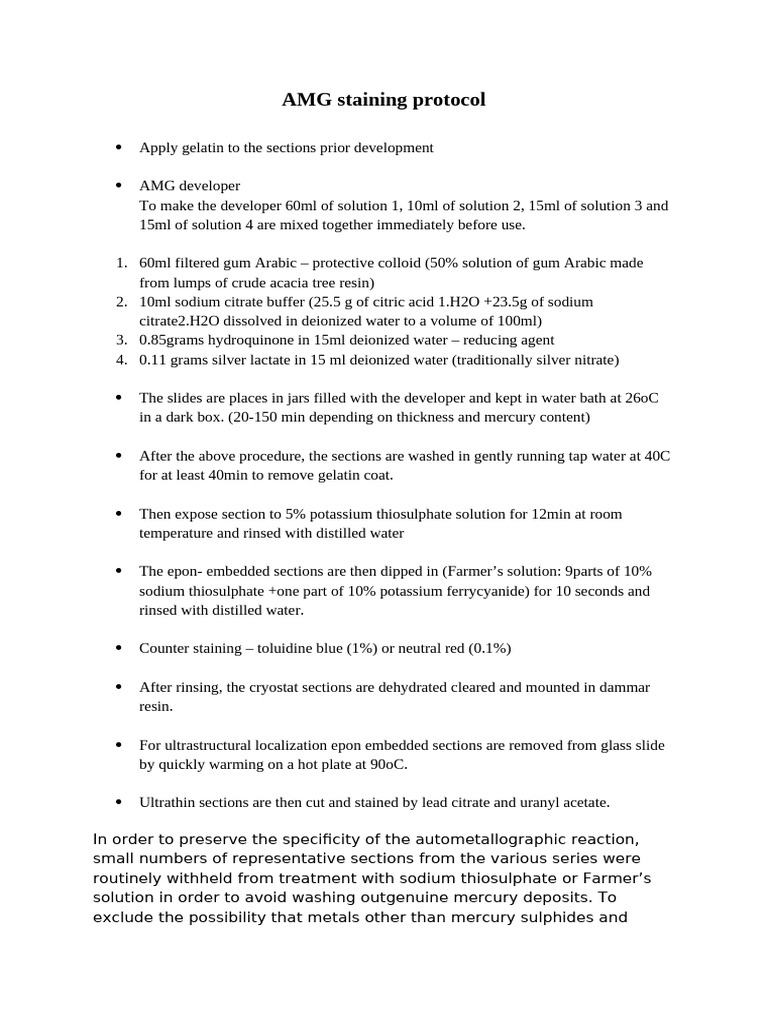 AMG Staining Protocol for Mercury Detection | PDF | Cyanide | Mercury ...