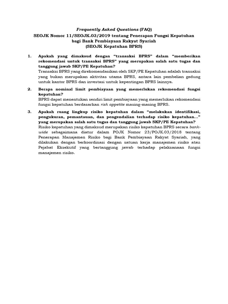 FAQ Kepatuhan BPRS | PDF