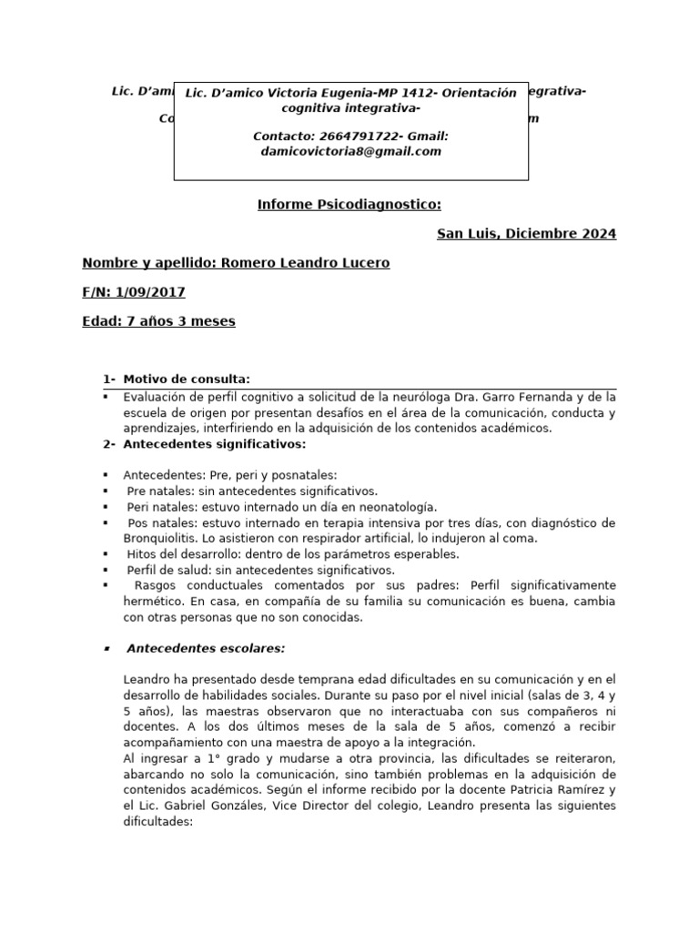 Informe Psicodiagnostico Leandro Lucero | PDF | Inteligencia | Memoria