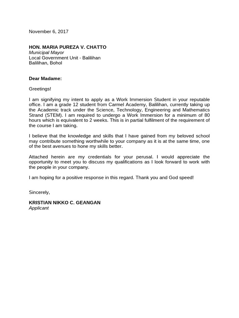 Application Letter Template For Work Immersion | PDF