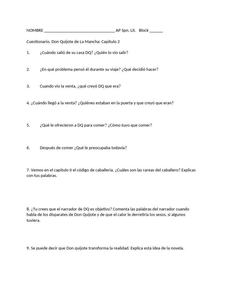 Cuestionario Cap. 2 Don Quijote | PDF