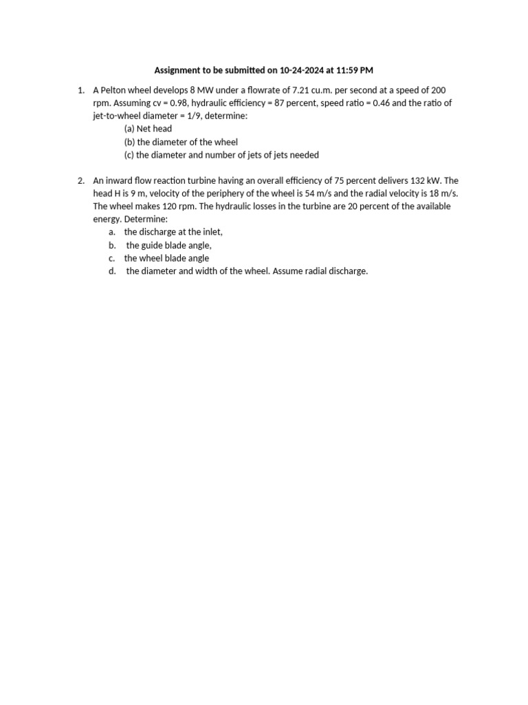 Pelton And Reaction Turbine Calculations Pdf