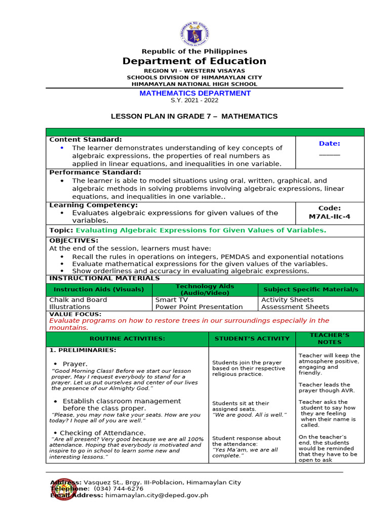 Lesson Plan Ipcrf Based Cot1 | PDF | Equations | Mathematics