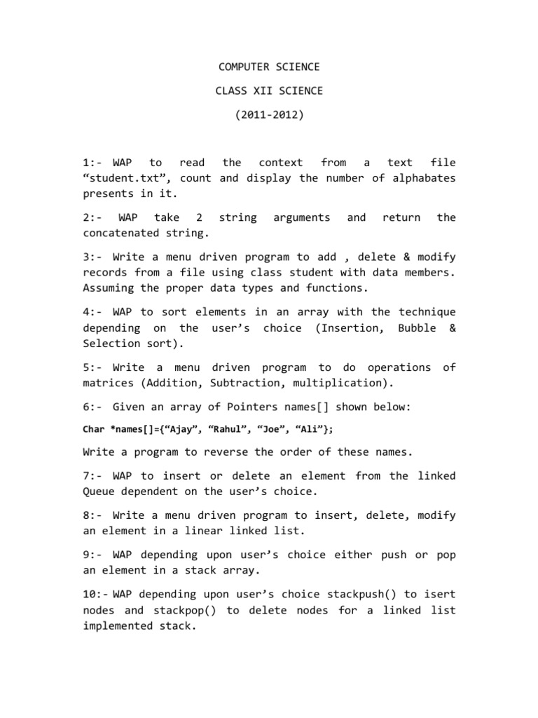 Computer Science Project For Class 12th Pdf Subroutine Matrix