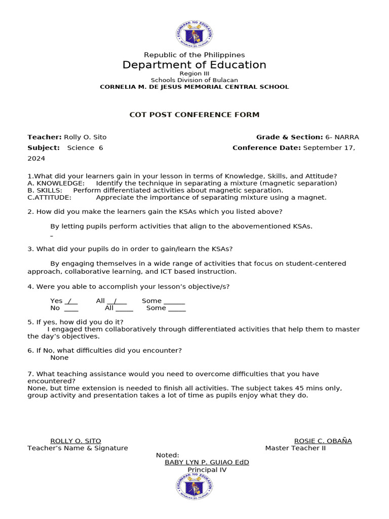 COT_Post Conference CO1 2024 2025 | PDF | Teachers | Learning