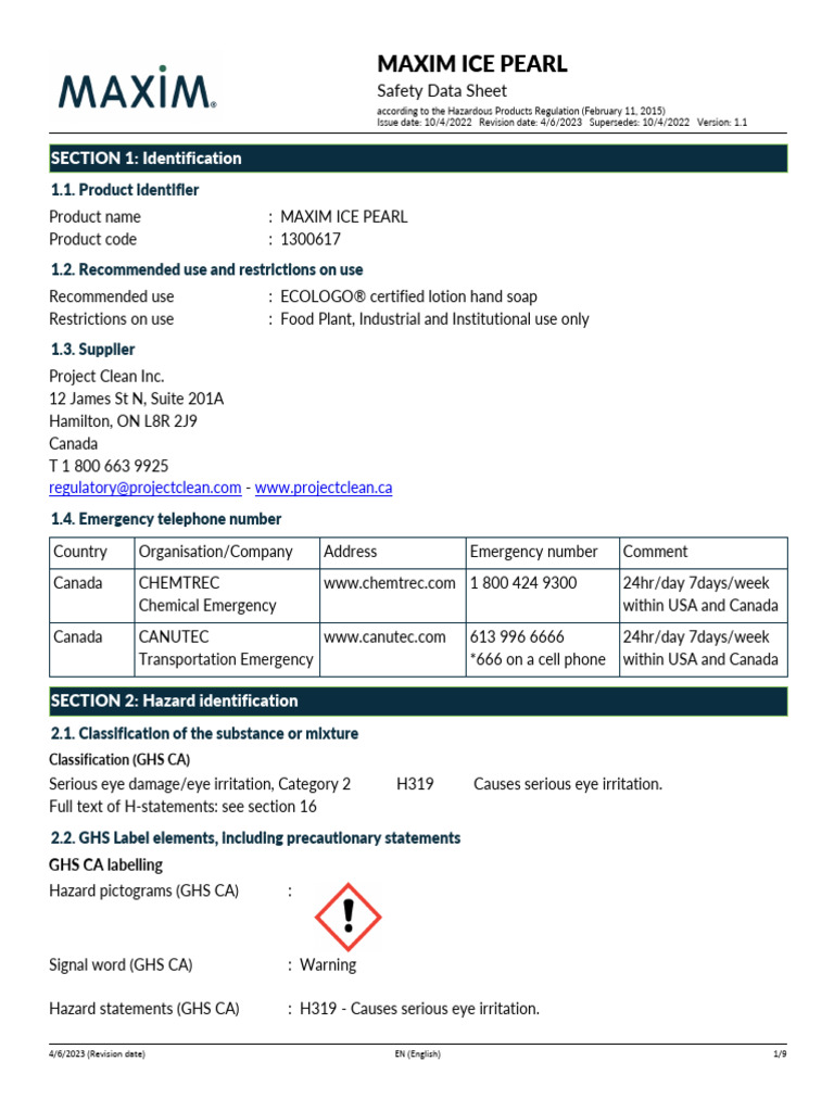 Maxim MAXIM-ICE-PEARL CA SDS EN | PDF | Safety | Occupational Safety And Health