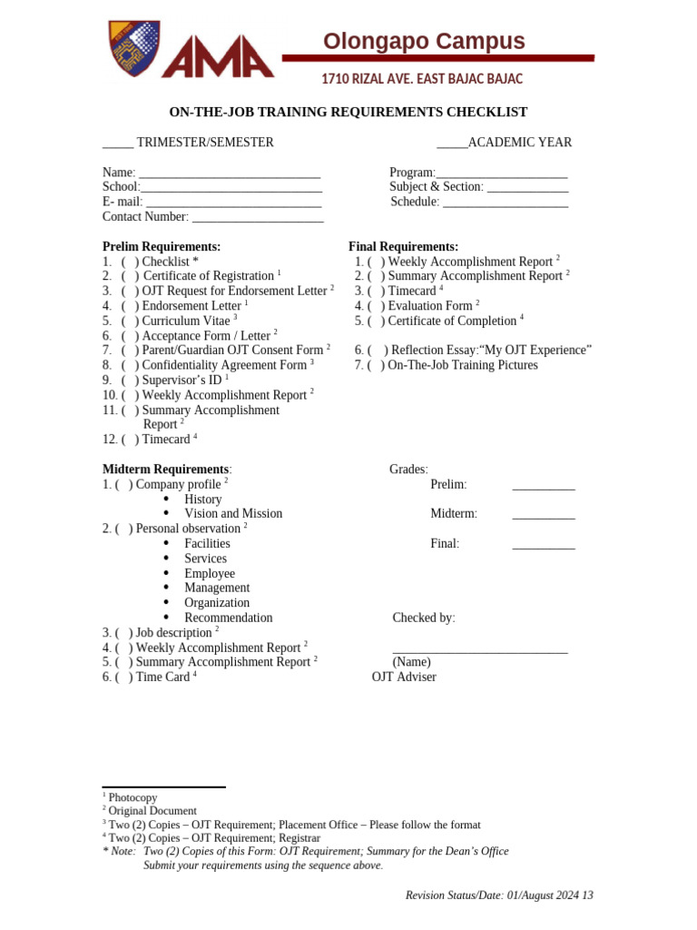 OJT Requirements Checklist Template | PDF