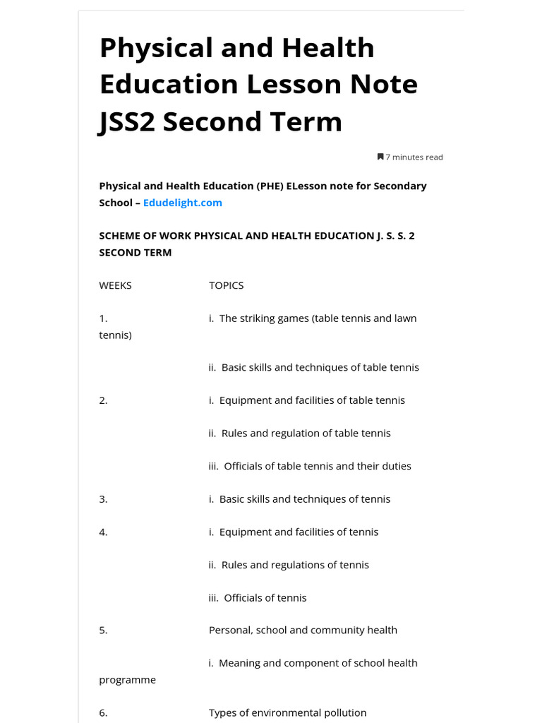 Physical and Health Education Lesson Note JSS2 Second Term | PDF ...