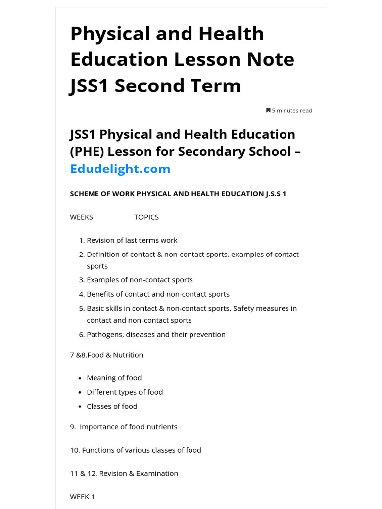 JSS1 PHE Lesson Notes: Second Term | PDF | Foods | Nutrition