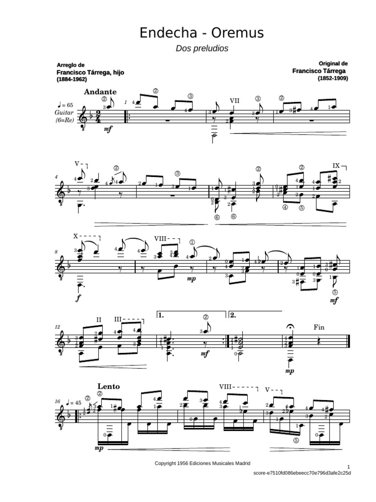 Tárrega's Endecha for Guitar Arrangement | PDF | Compositions ...