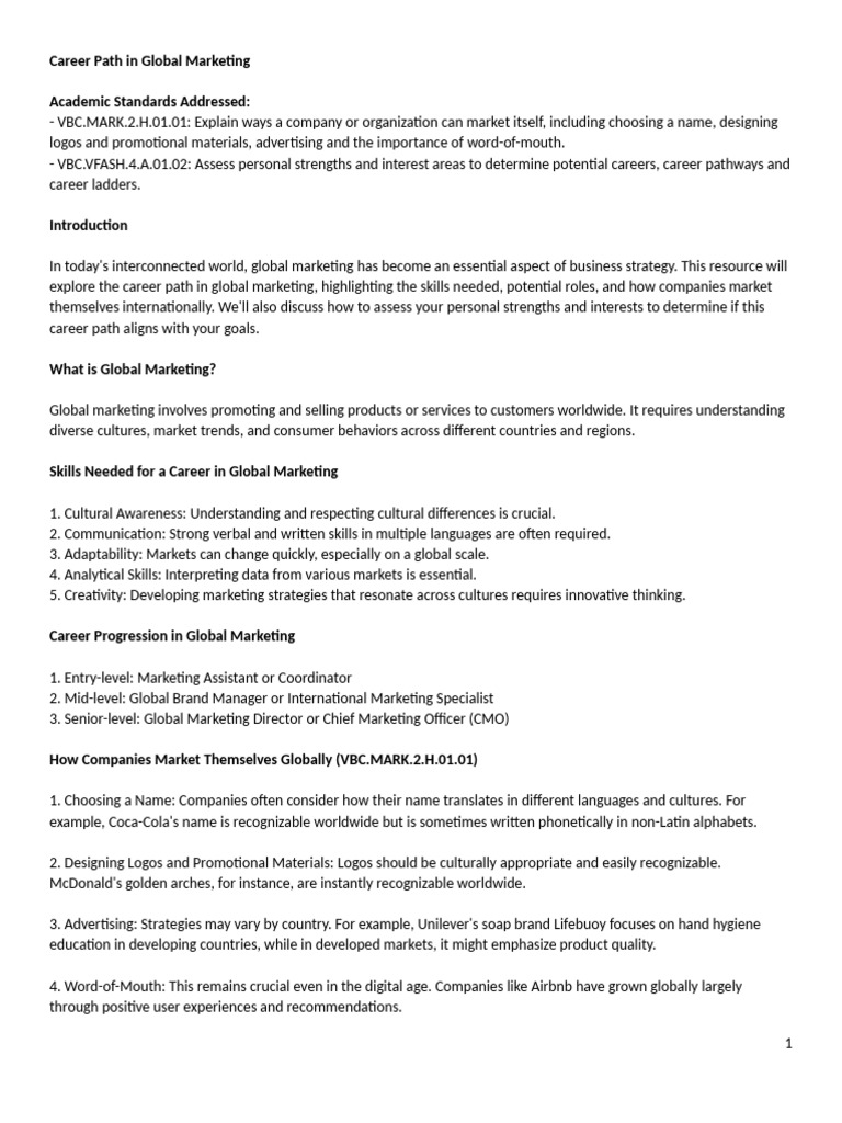 Notes Career Path in Global Marketing | PDF | Marketing | Brand