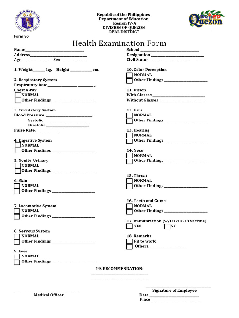 FORM 86 -Health Examination Form (Edited Final 2022) | PDF | Blood ...