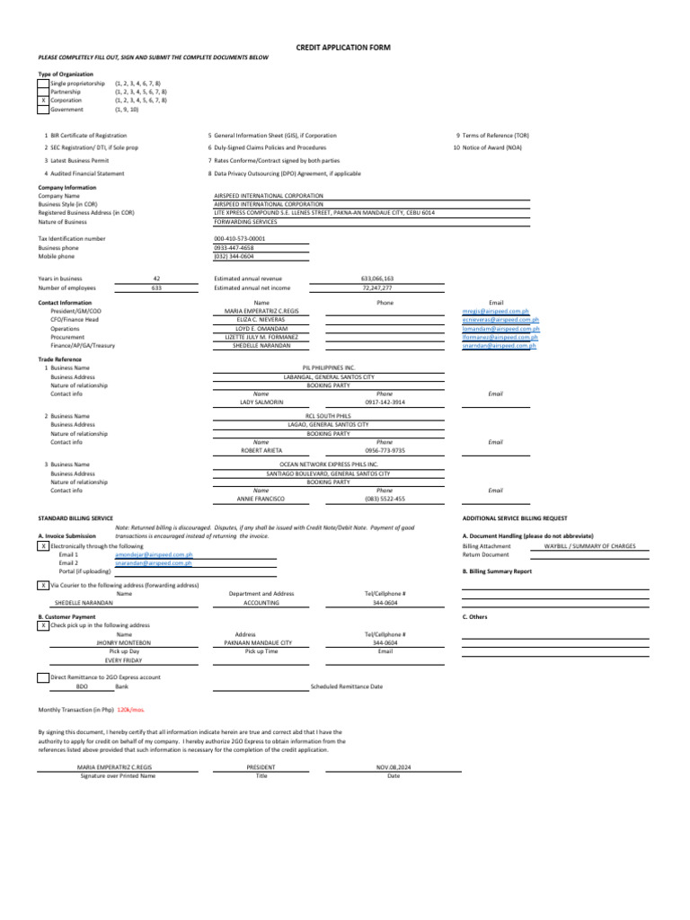 2go Logistics Credit Application Form | PDF | Business | Invoice