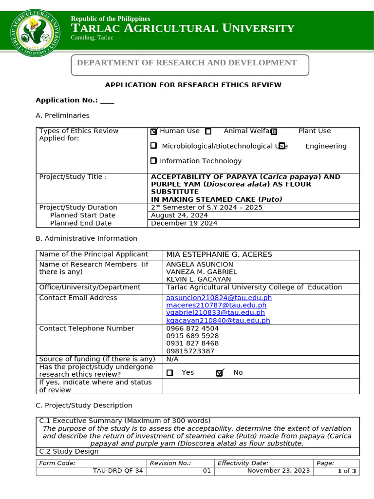 Application For Research Ethics Review | PDF