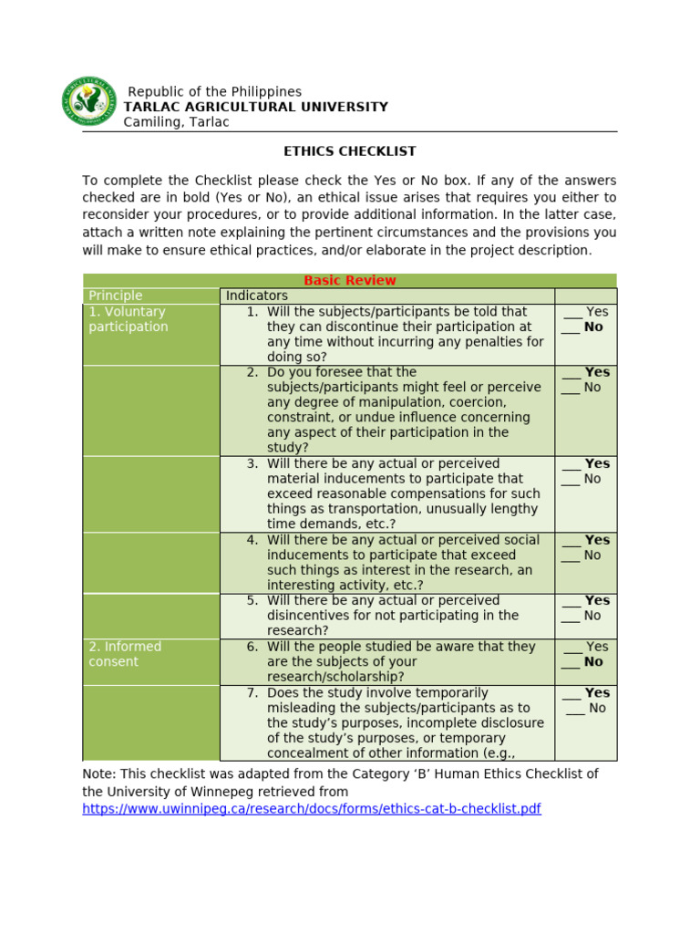 Ethics Checklist | PDF | Informed Consent | Information