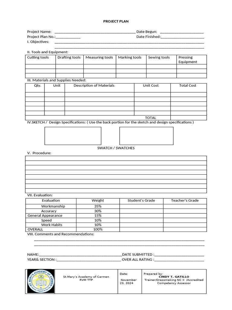 Project Plan - Dressmaking | PDF