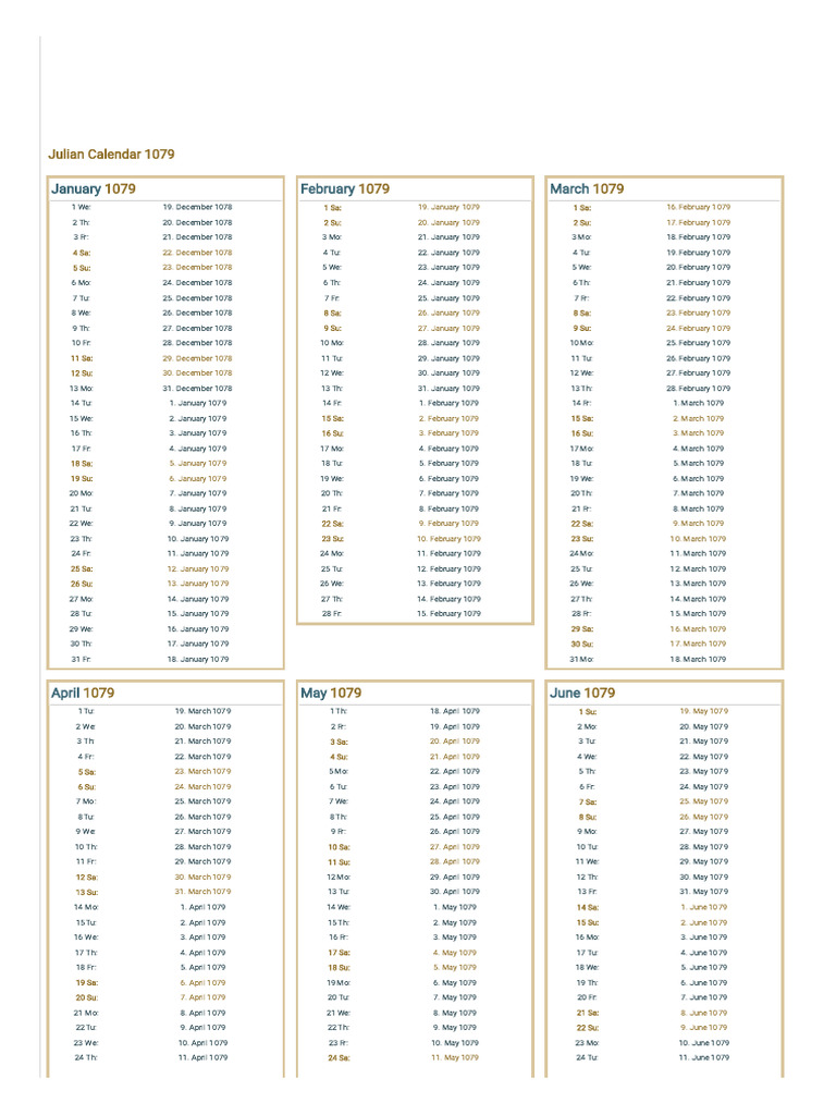 Julian Calendar 1079 - Calendar - SK | PDF