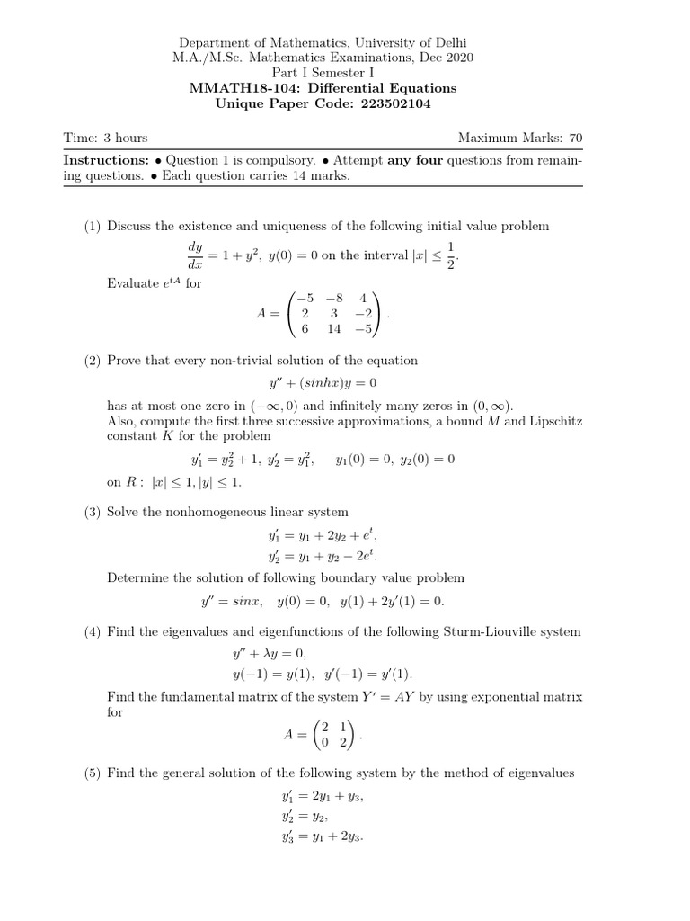 Math Exam: Differential Equations | PDF | Stability Theory ...