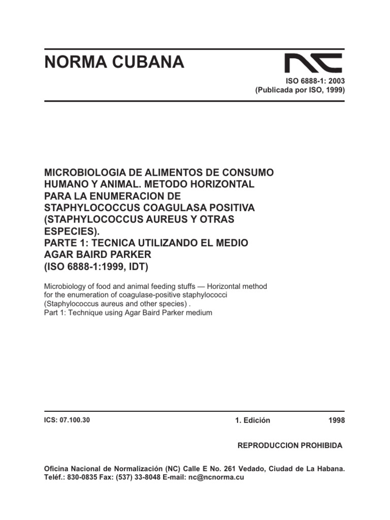 NC ISO 6888-1 A2003 17p Dwo Staphylococcus Aureus | PDF | Agua | Precipitación (Química)