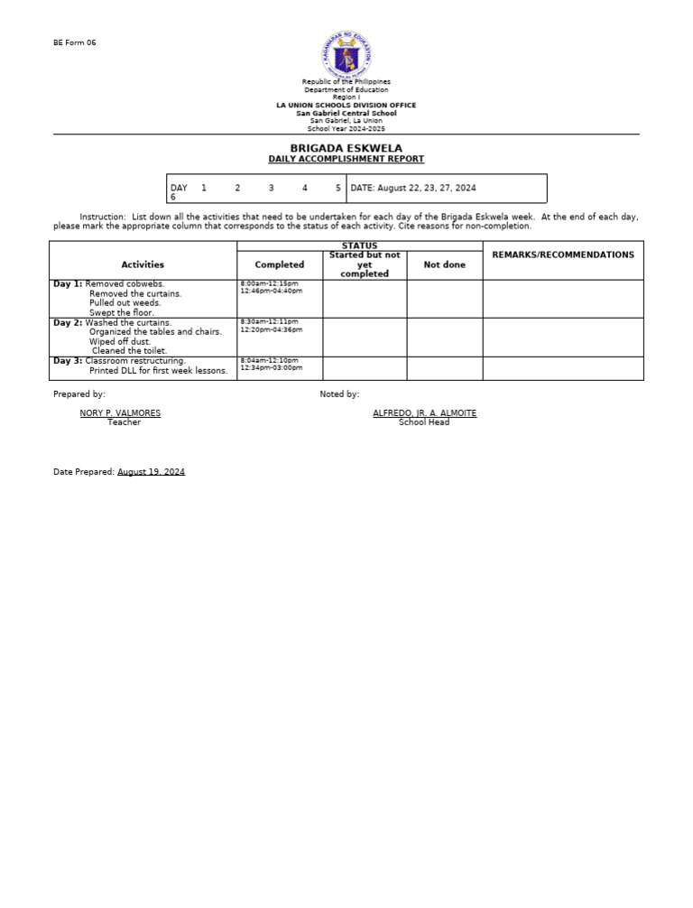 BE Form 6 DAILY ACCOMPLISHMENT REPORT | PDF