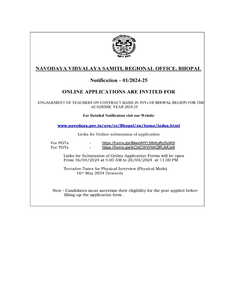 NVS PGT TGT Recruitment 2024 | PDF