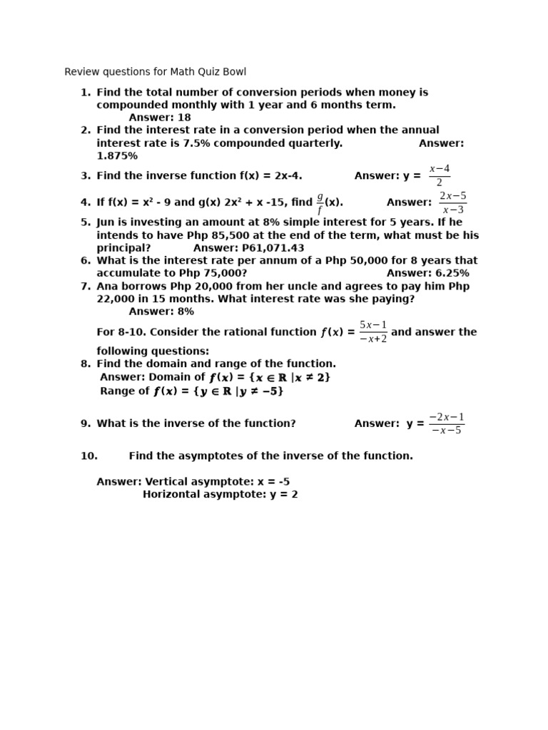 Math Quiz Bowl Review Questions | PDF