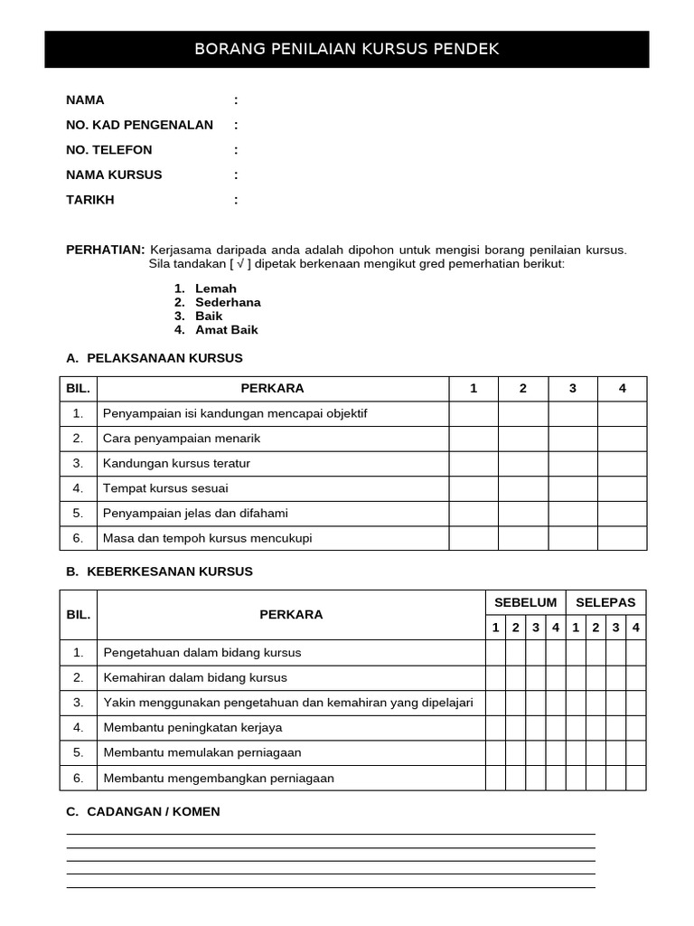 Borang Penilaian Kursus | PDF