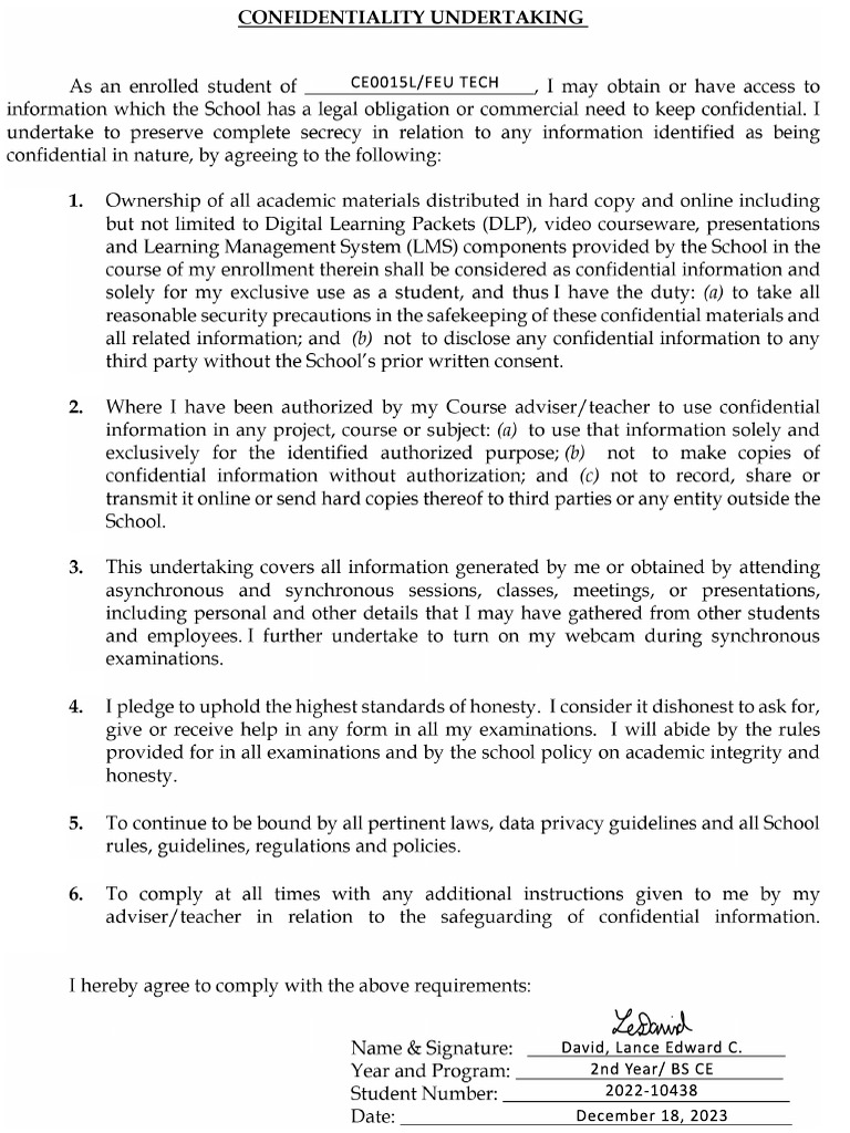 Confidentiality Undertaking Student | PDF