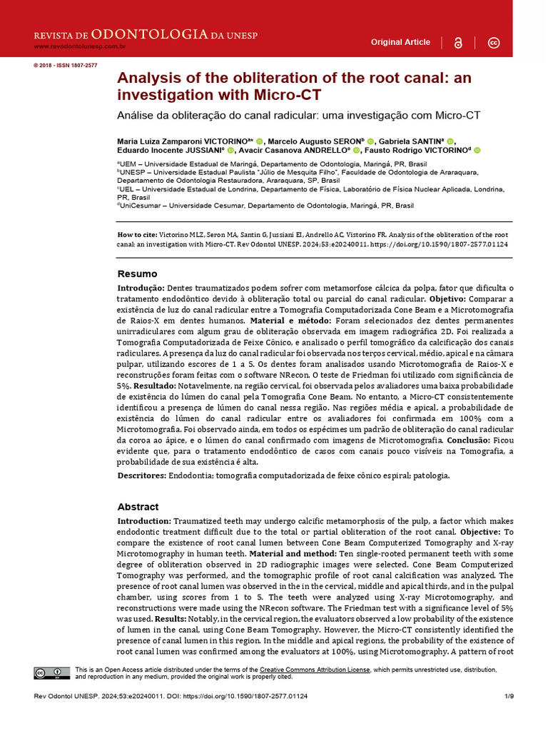 Analysis of The Obliteration of The Root Canal An | PDF | Radiography ...