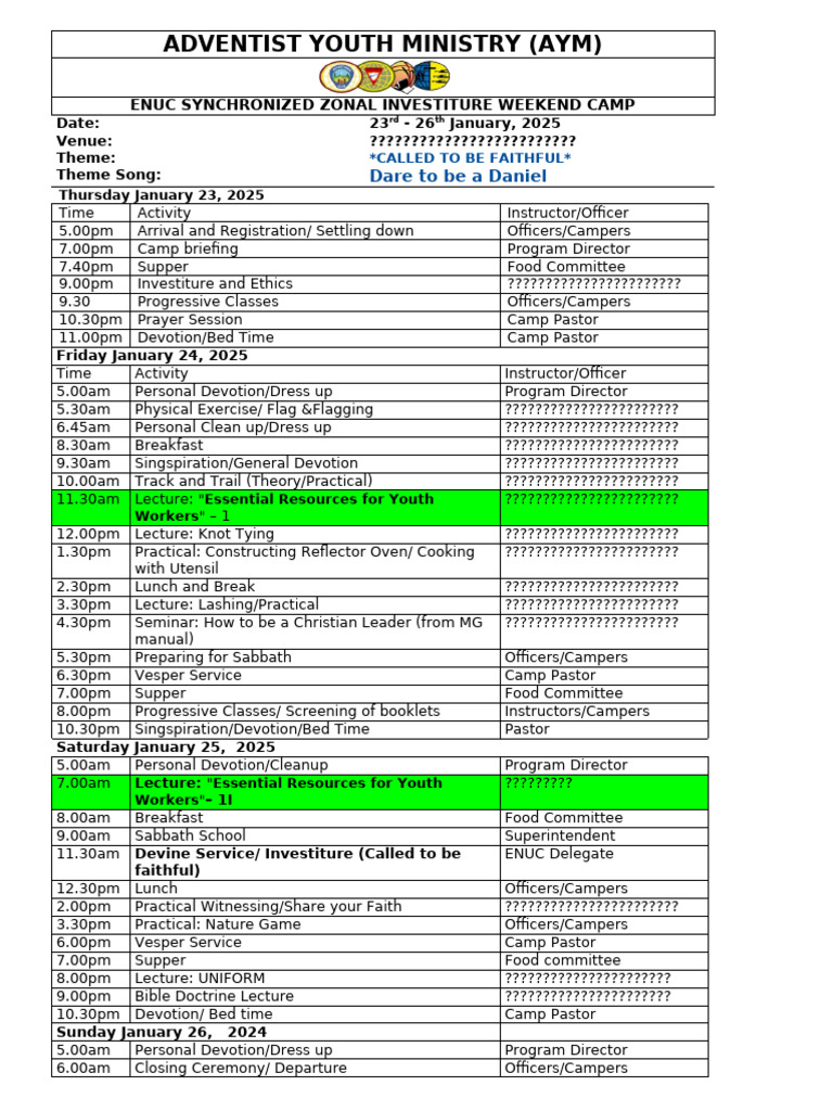 Investiture Camp Program January 23- 25, 2025 | PDF | Sunday School ...