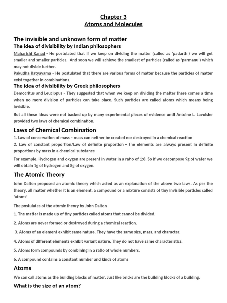 Atoms Ans Molecules - Notes | PDF | Mole (Unit) | Ion