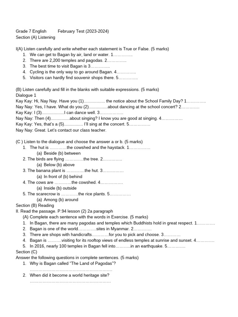 Grade 7 English _February Test (2023-2024) | PDF