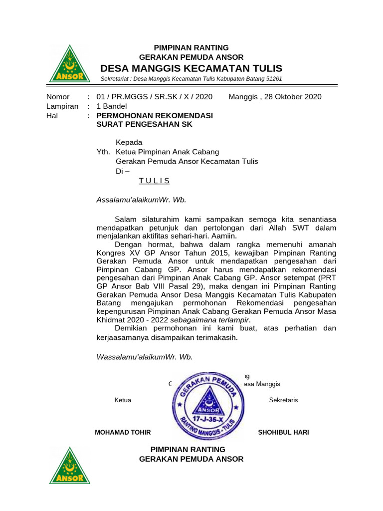 Pengajuan SK Ranting Ansor | PDF