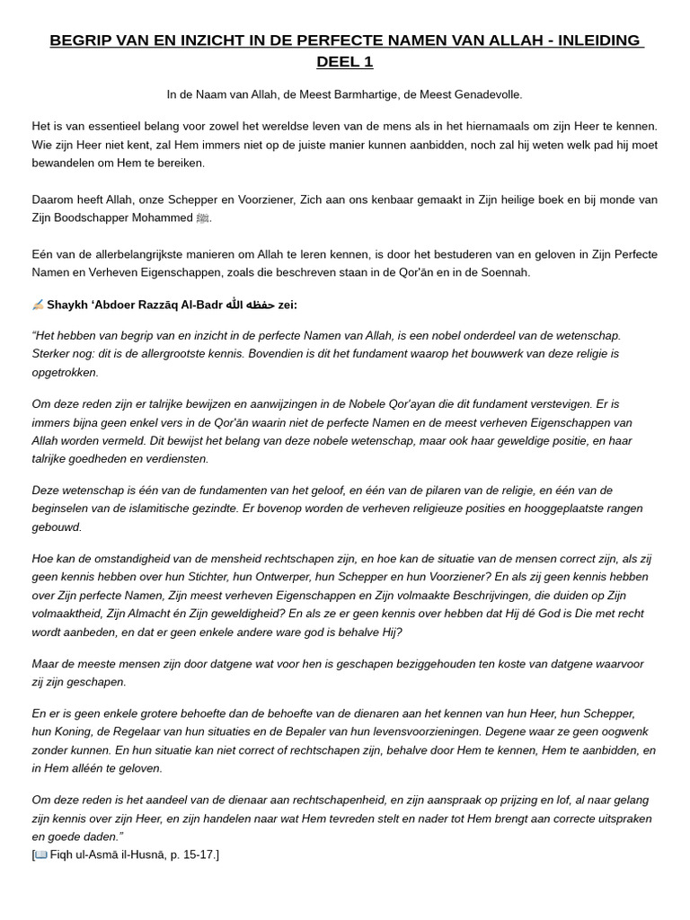 Begrip Van en Inzicht in de Perfecte Namen Van Allah - Inleiding Deel 1 ...