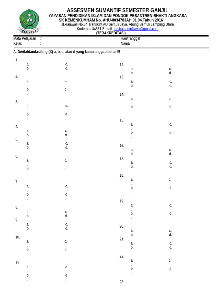 Format Soal Assesmen Sumantif Semester Ganjil | PDF